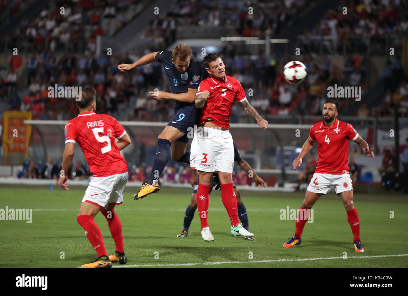 England's Harry Kane has a header at goal saved by Malta goalkeeper ...