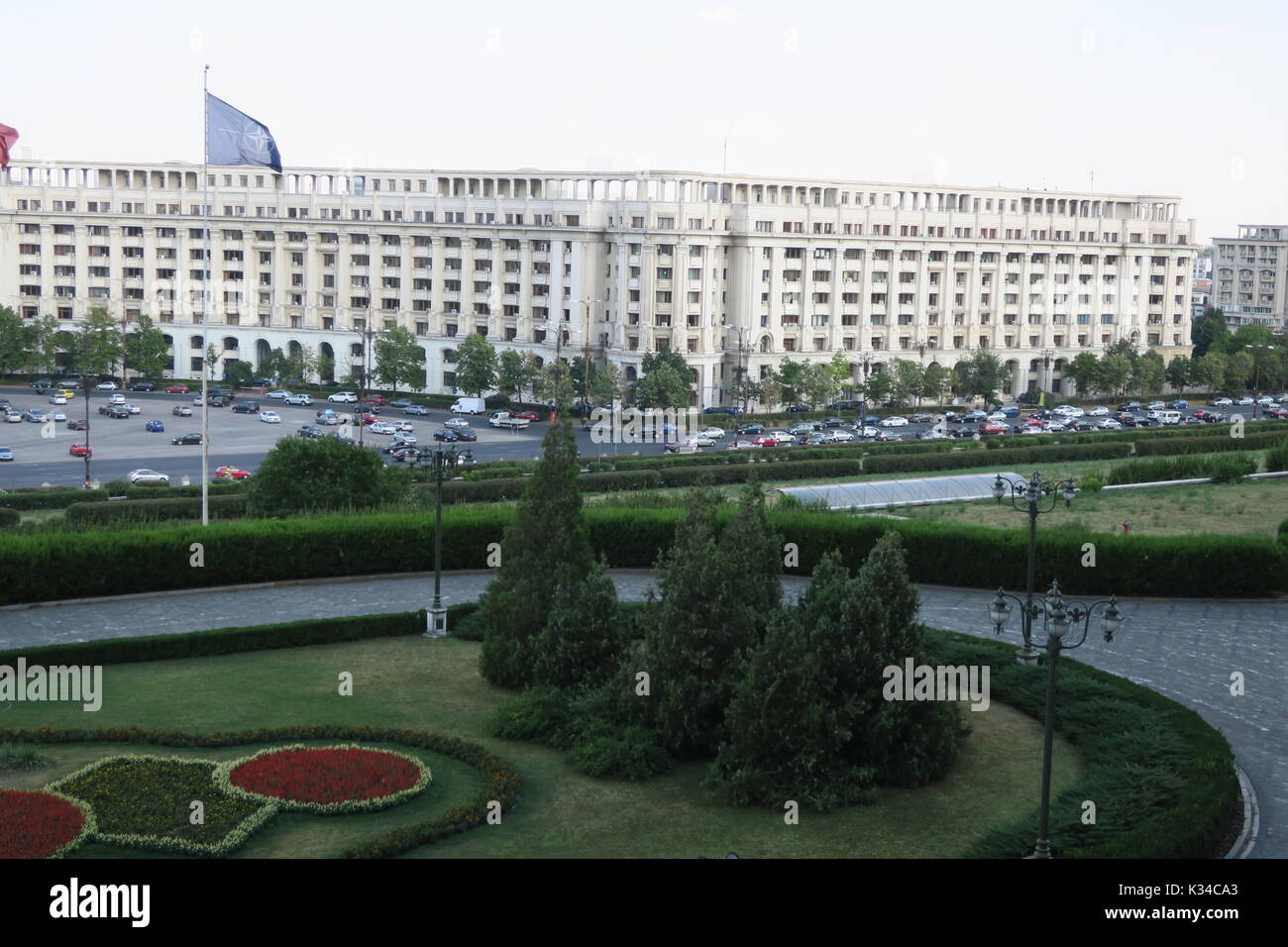 Panoramic view from balcony of Romanian parliament. Nice yard and ...