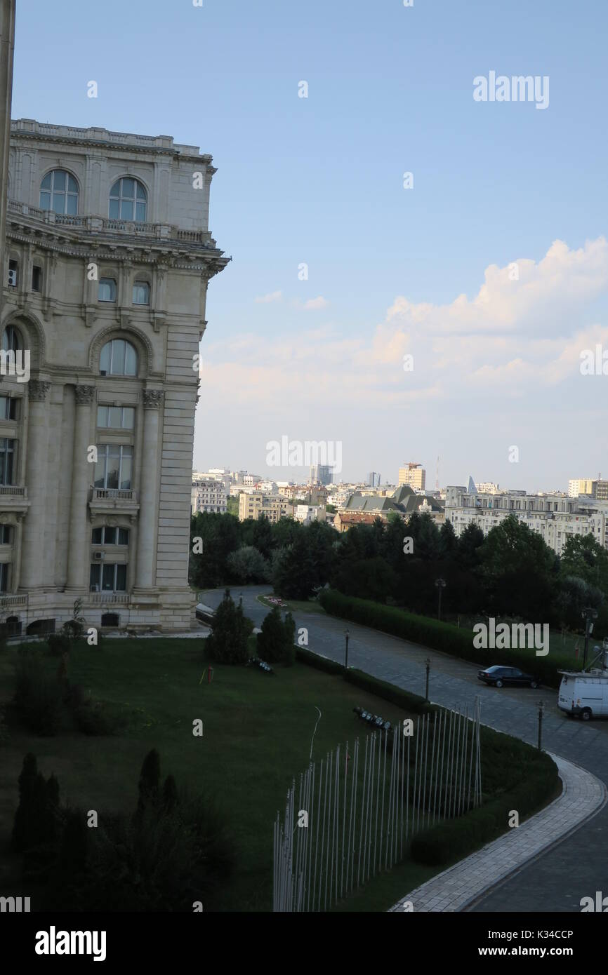 Panoramic view from balcony of Romanian parliament. Nice yard and ...
