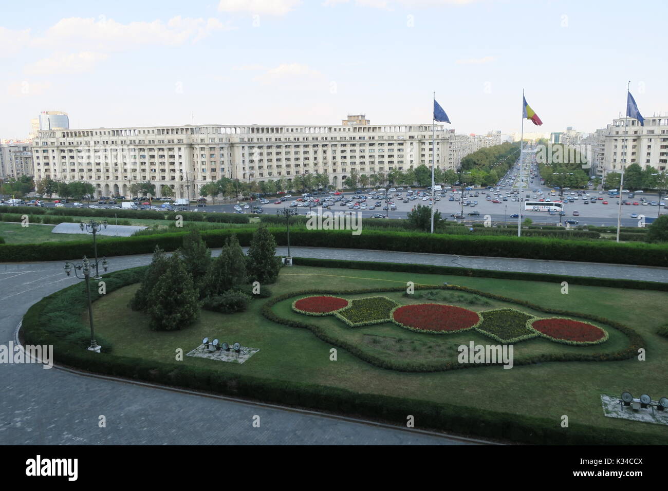 Panoramic view from balcony of Romanian parliament. Nice yard and ...