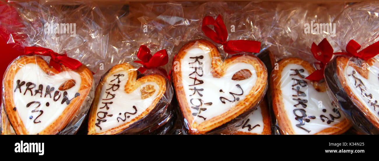 Gingerbread hearts at Christmas market in Krakow, Poland Stock Photo ...