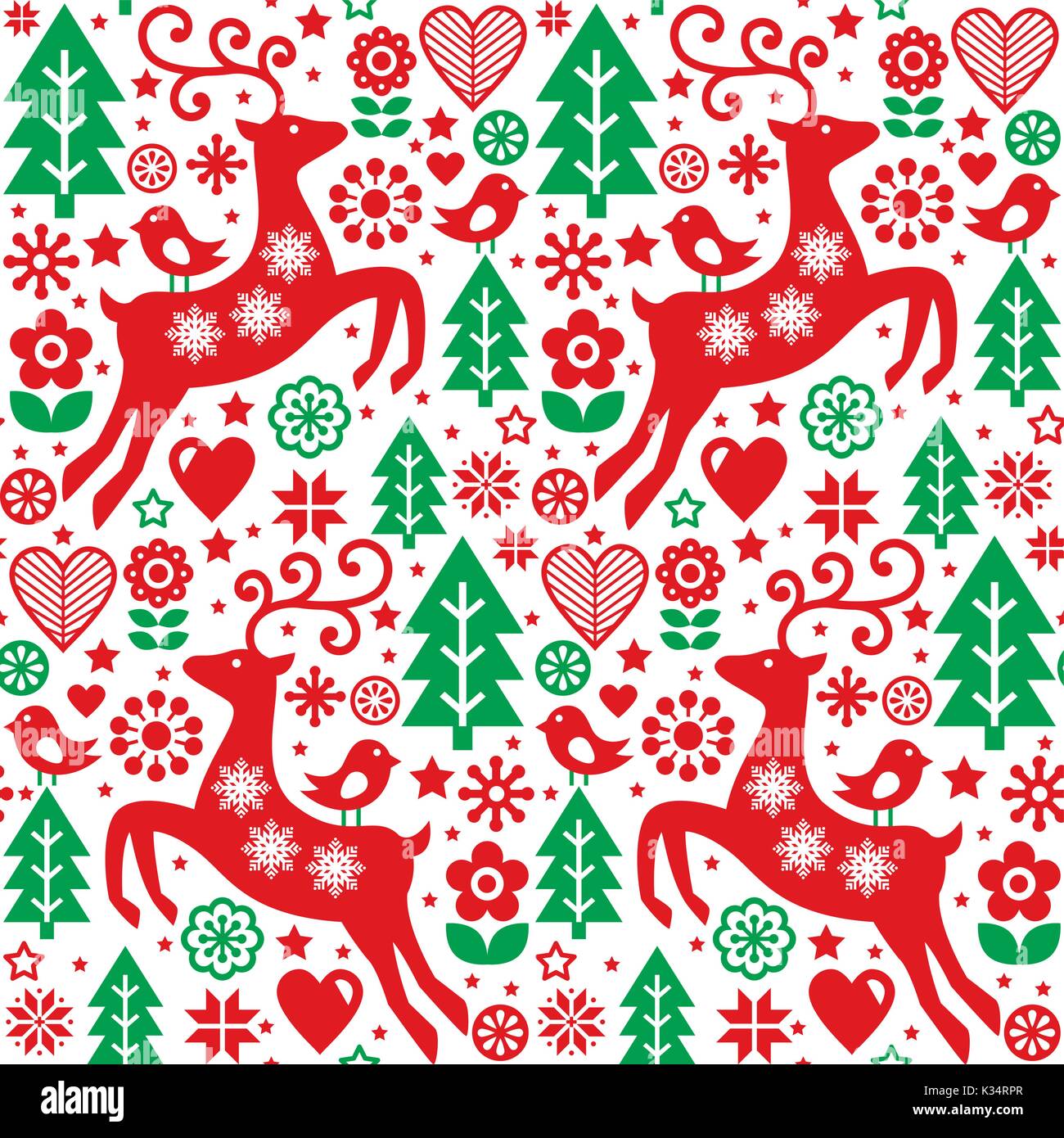 Christmas folk red and green seamless vector pattern, Scandinavian folk ...