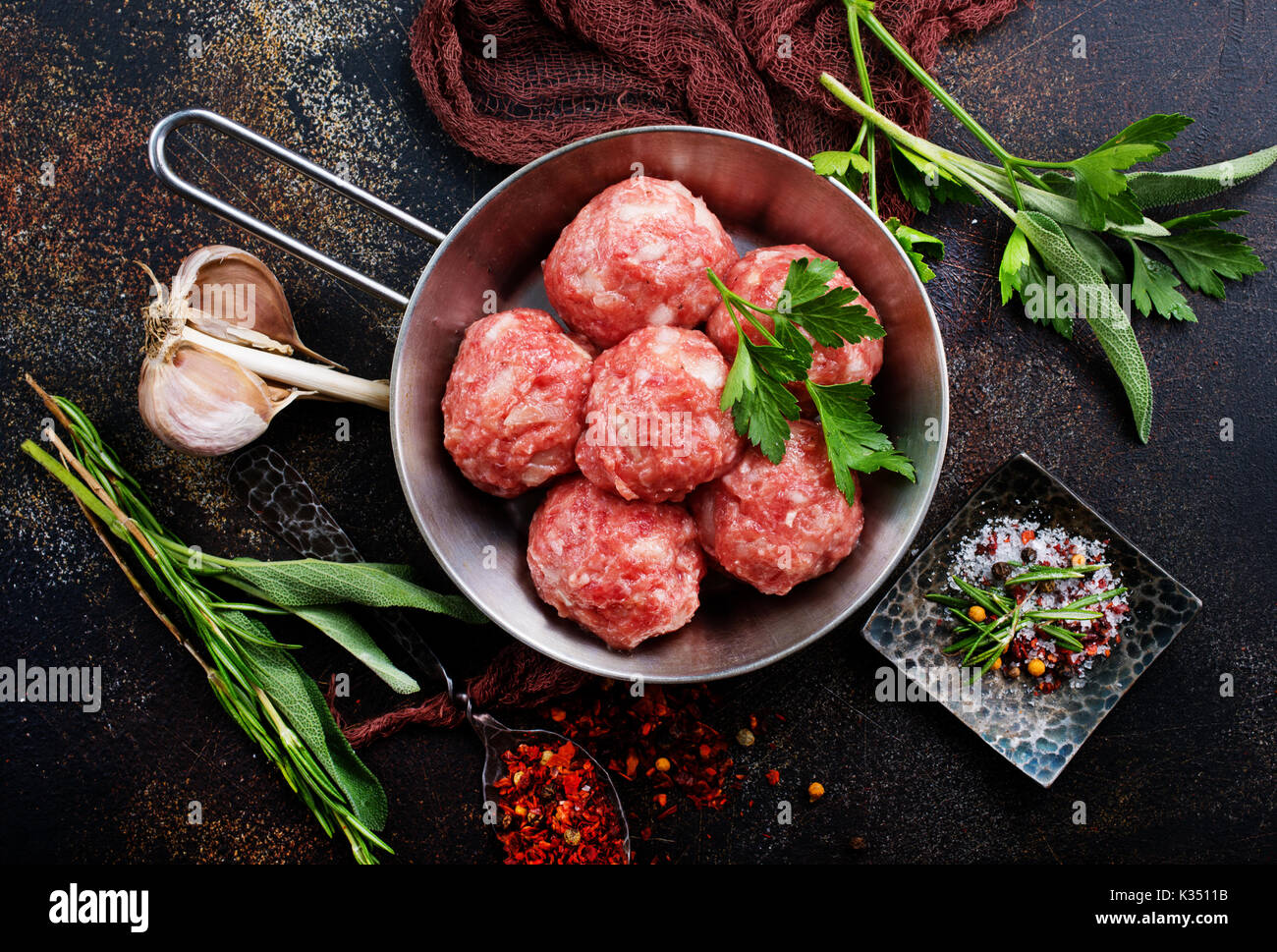raw meatballs with salt and spice on a table Stock Photo - Alamy