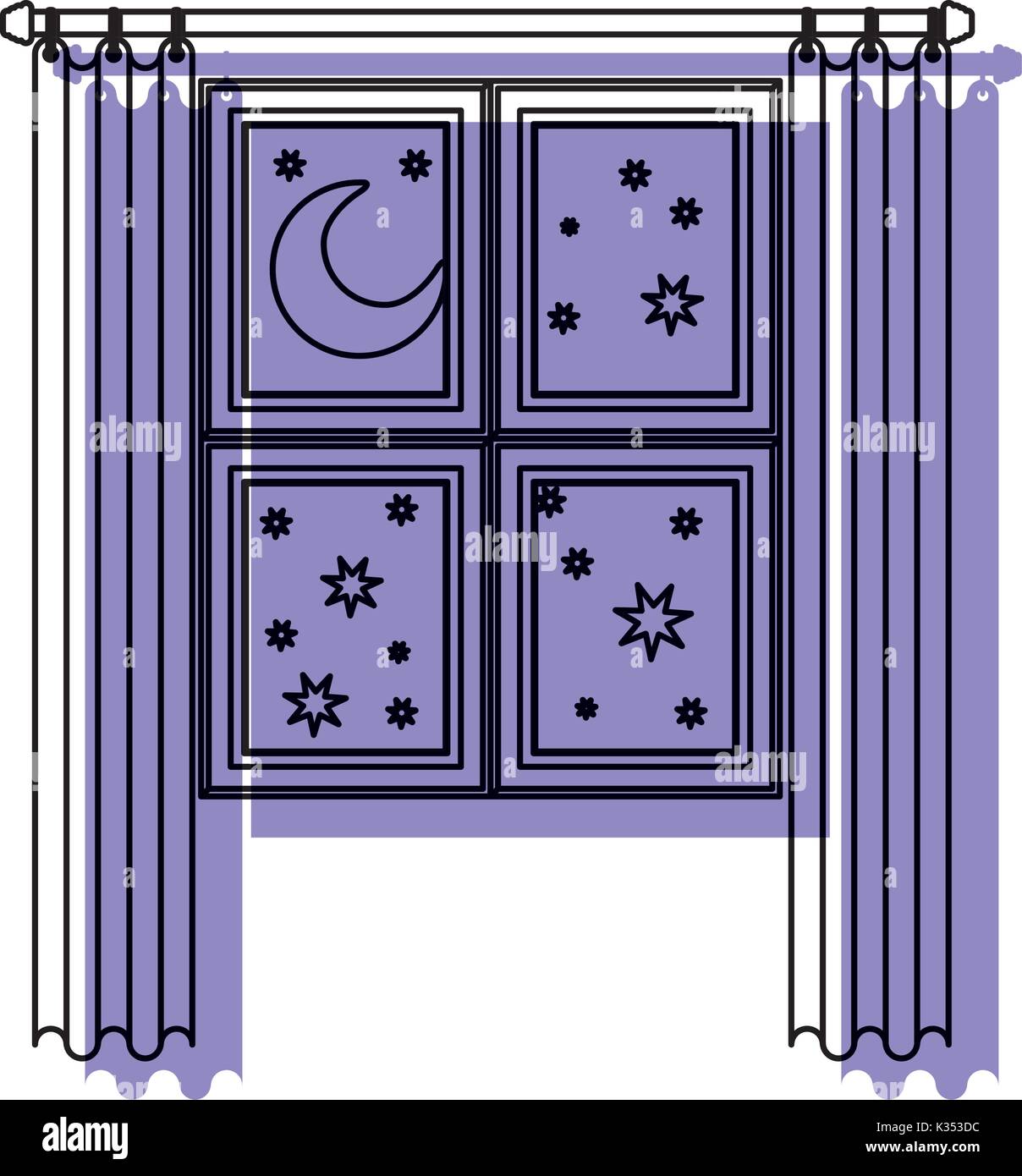 window in wooden with curtain and night landscape purple watercolor ...