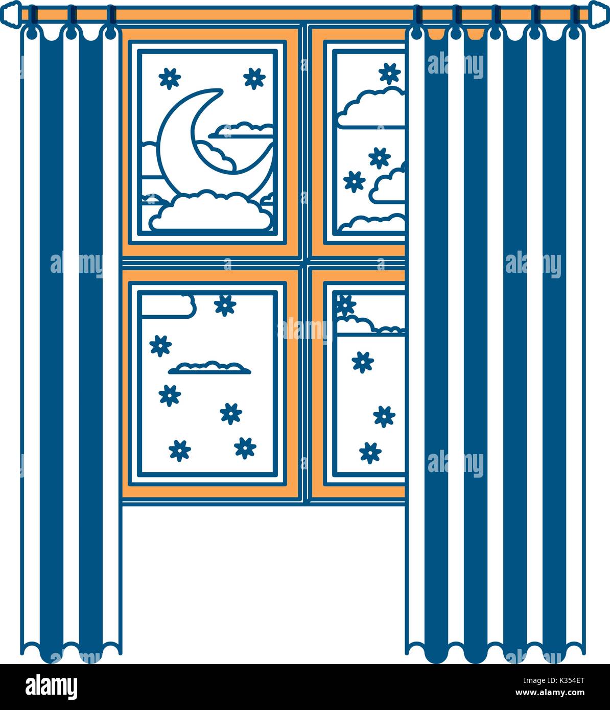 window with curtain and night landscape color section silhouette on ...