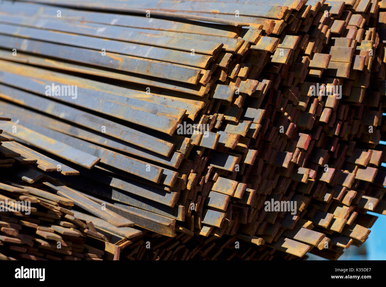 Metal profile strip in packs at the warehouse of metal products, Russia ...