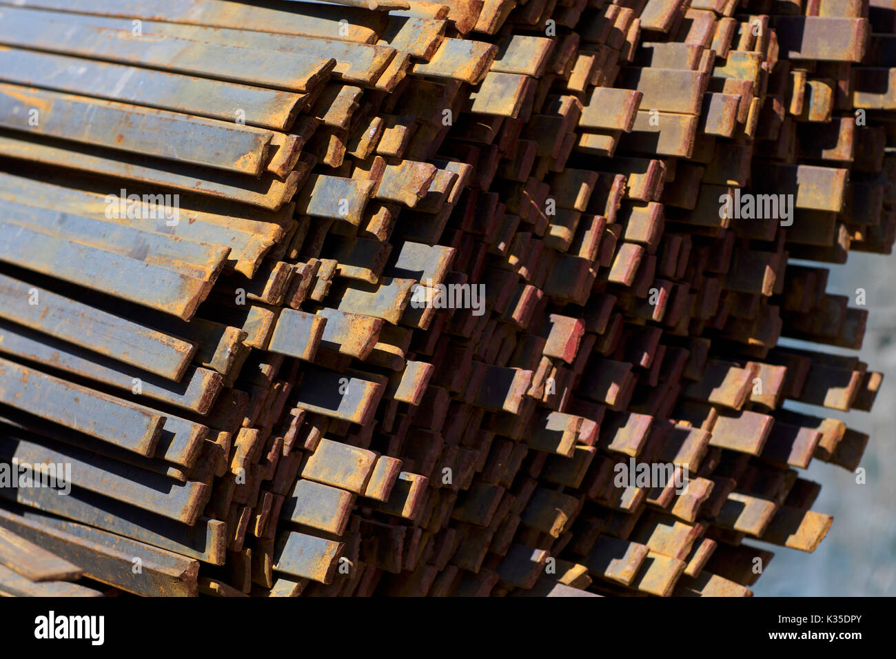 Metal profile strip in packs at the warehouse of metal products, Russia ...