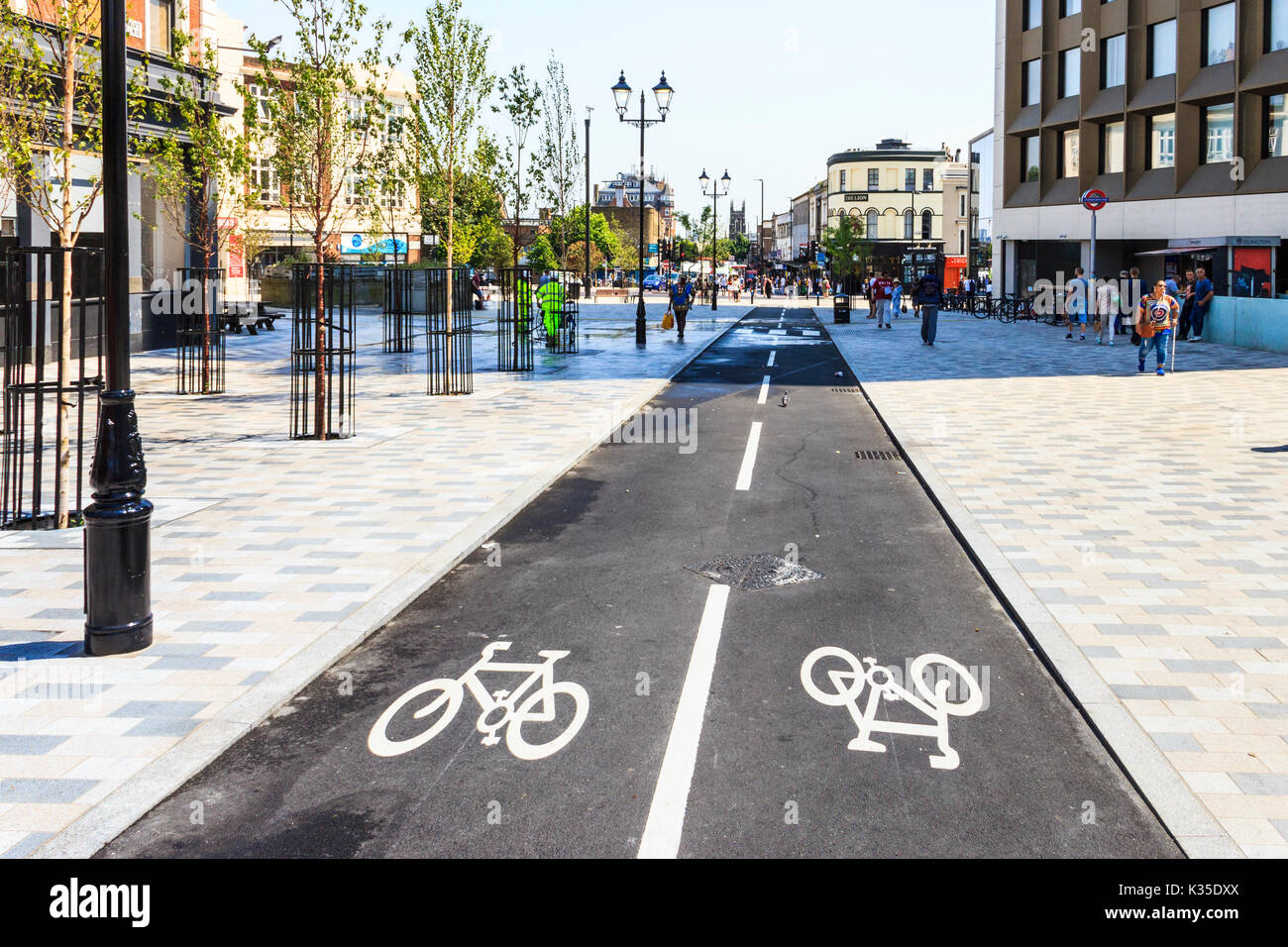 Cycle lanes in 'Navigator Square', the newly pedestrianised centre of ...