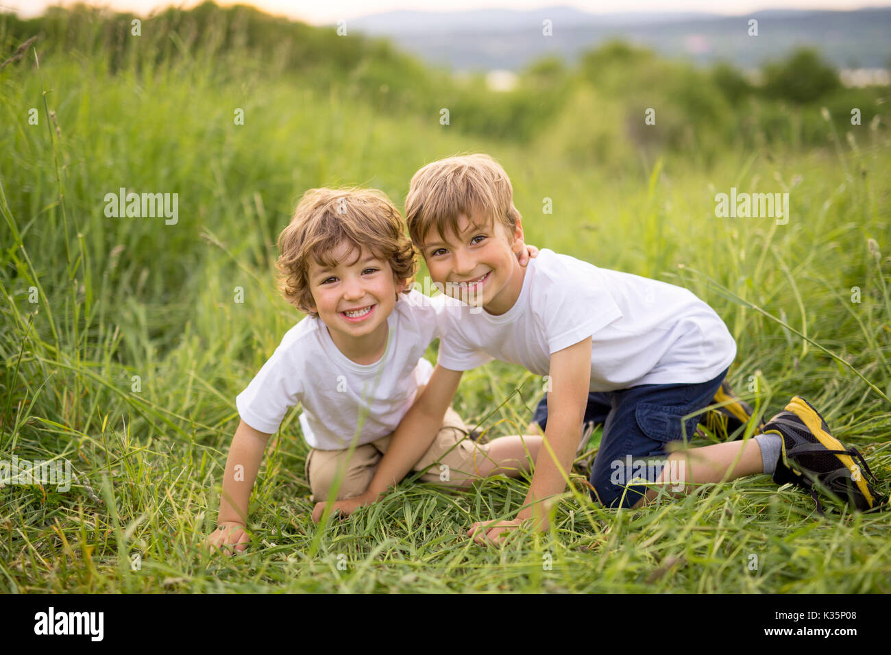 Brother play together in a green meadow Stock Photo - Alamy