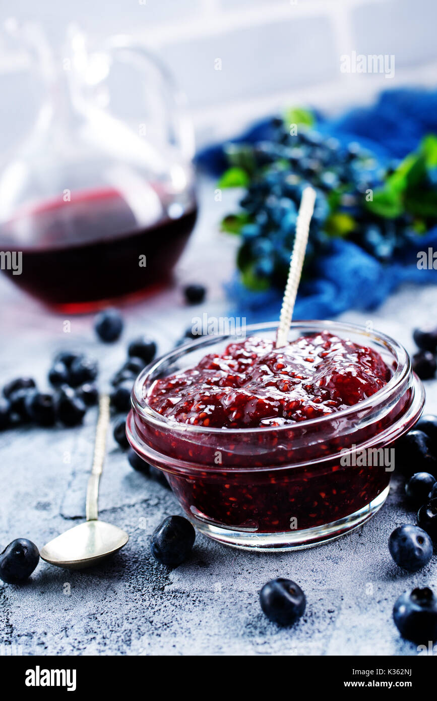 blueberry jam in glass yar and on a table Stock Photo - Alamy