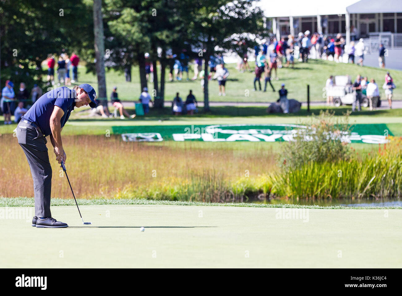 TPC Boston. 1st Sep, 2017. MA, USA; Phil Mickelson putts at the ...