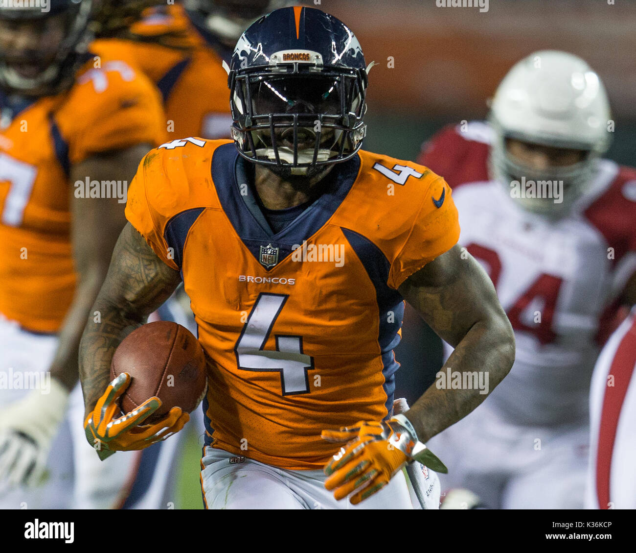 August 31, 2017: Denver Broncos running back Stevan Ridley (4) handles ...