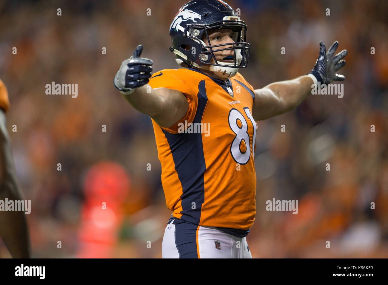 August 31, 2017: Denver Broncos tight end Steven Scheu (81) celebrates ...