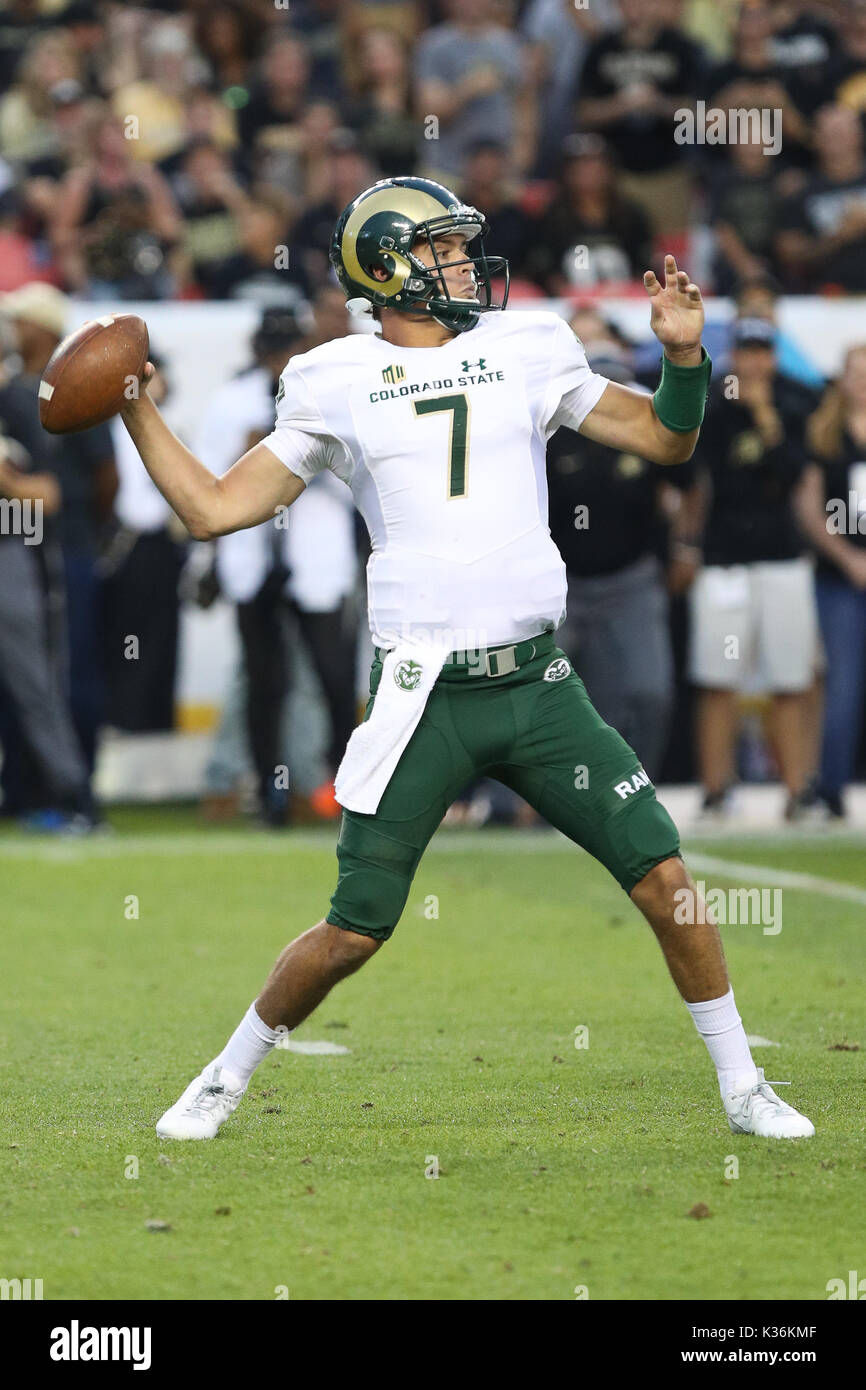 Denver. 01st Sep, 2017. Colorado State's Nick Stevens throws a pass ...