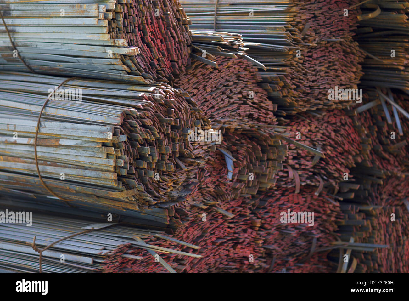 Metal profile strip in packs at the warehouse of metal products, Russia ...