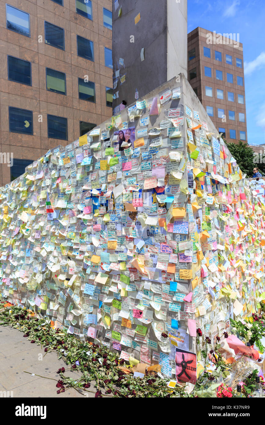 Wall of condolence cards, notes, tributes and flowers at vigil near the ...