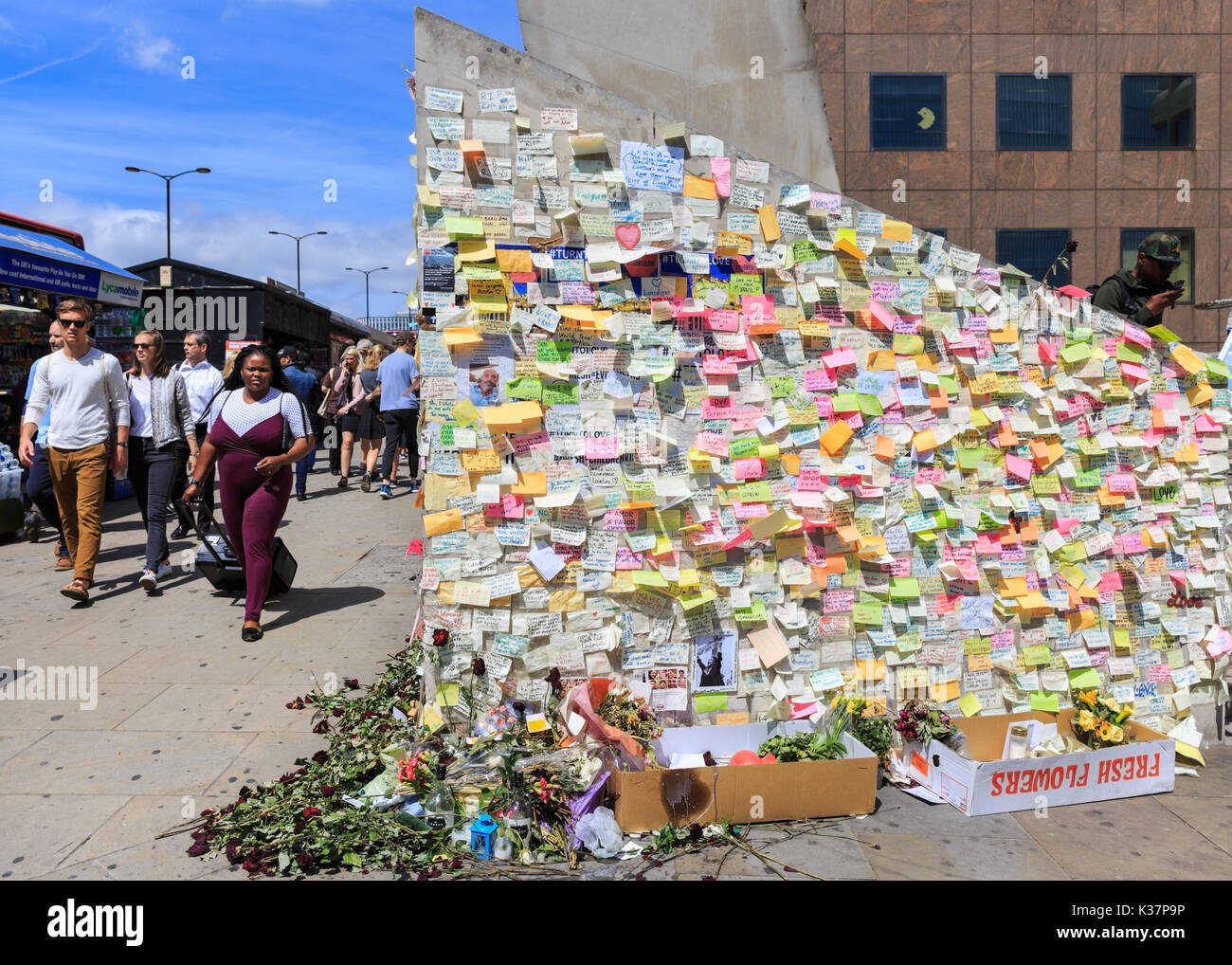 Wall of condolence cards, notes, tributes and flowers at vigil near the ...