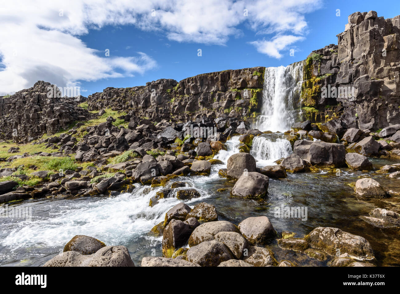 Beautiful Oxararfoss waterfall in summer, Thingvellir National Park ...