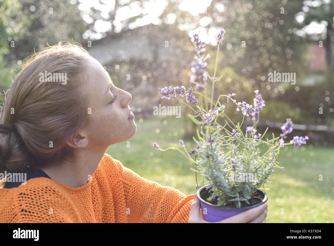Yound woman in her garden, near Vienna, Austria (model-released Stock ...