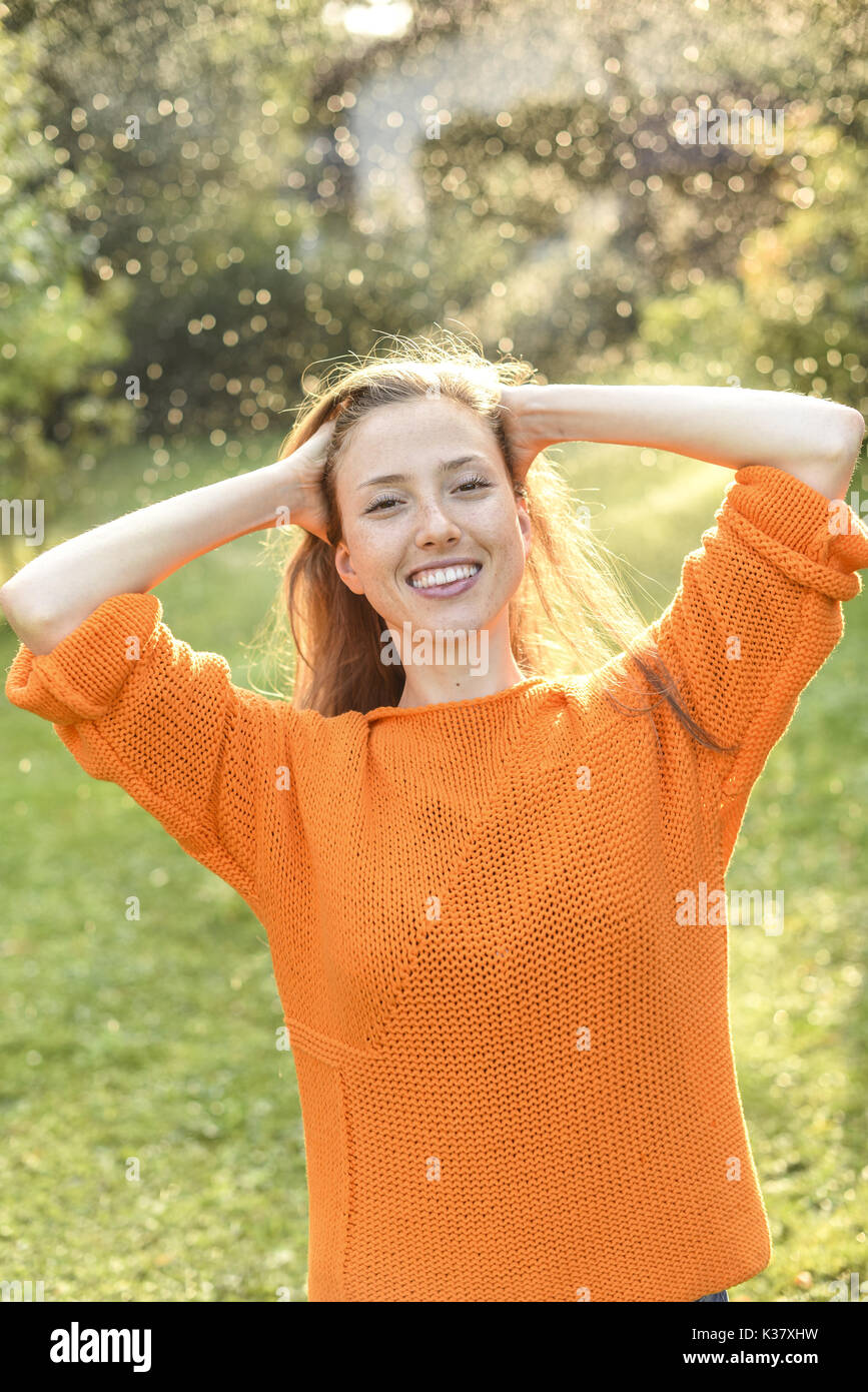 Yound woman in her garden, near Vienna, Austria (model-released Stock ...