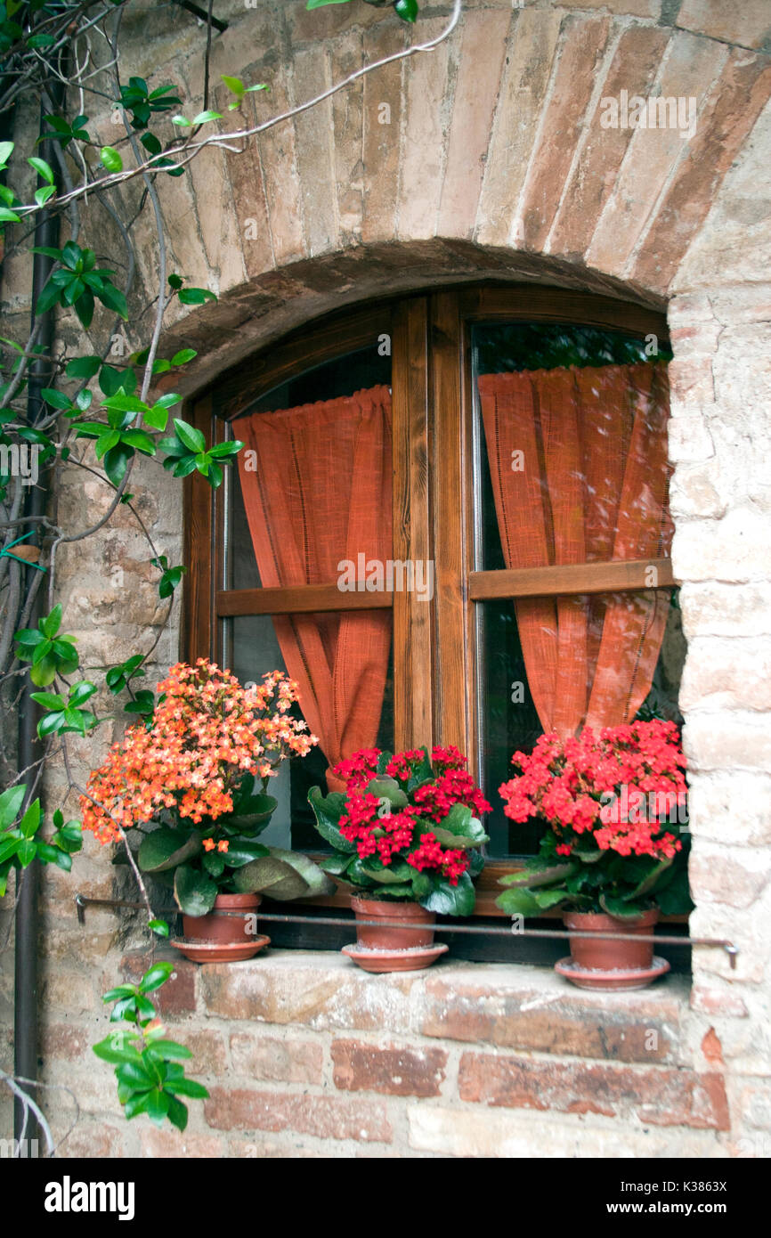 Curved window with red curtains,San Gimignano, Tuscany, Italy Stock ...