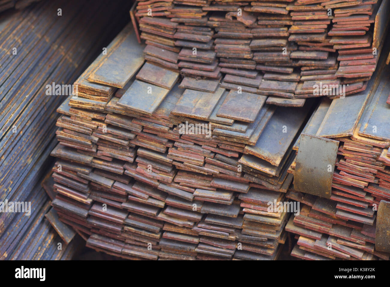 Metal profile strip in packs at the warehouse of metal products, Russia ...