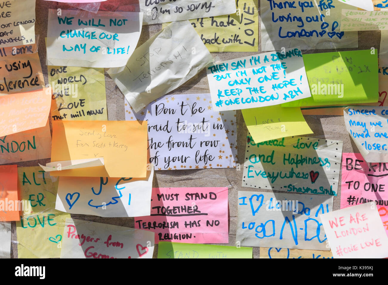 Wall of condolence cards, notes, tributes and flowers at vigil near the ...