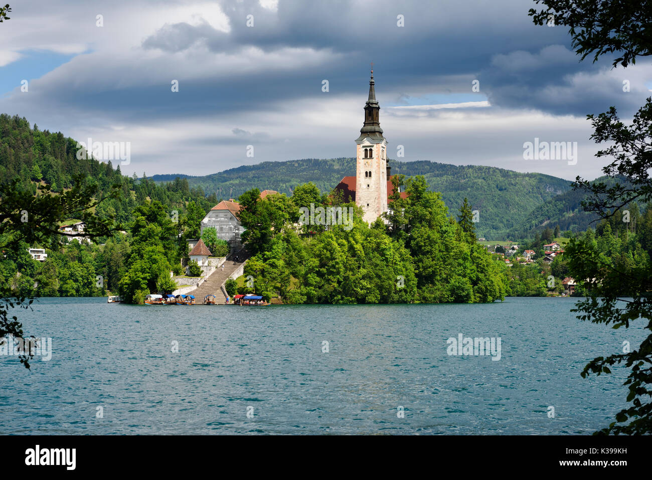 Bled Island in Spring with stairs to Catholic pilgrimage church of the ...