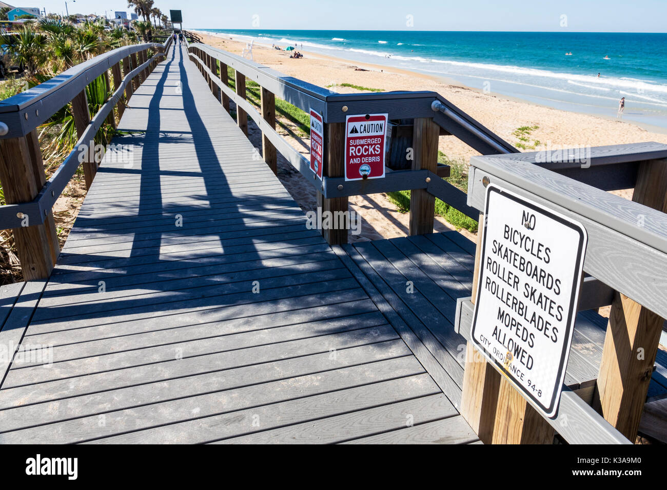 Florida,Flagler Beach,Atlantic Ocean water sand,waves,boardwalk,sign ...