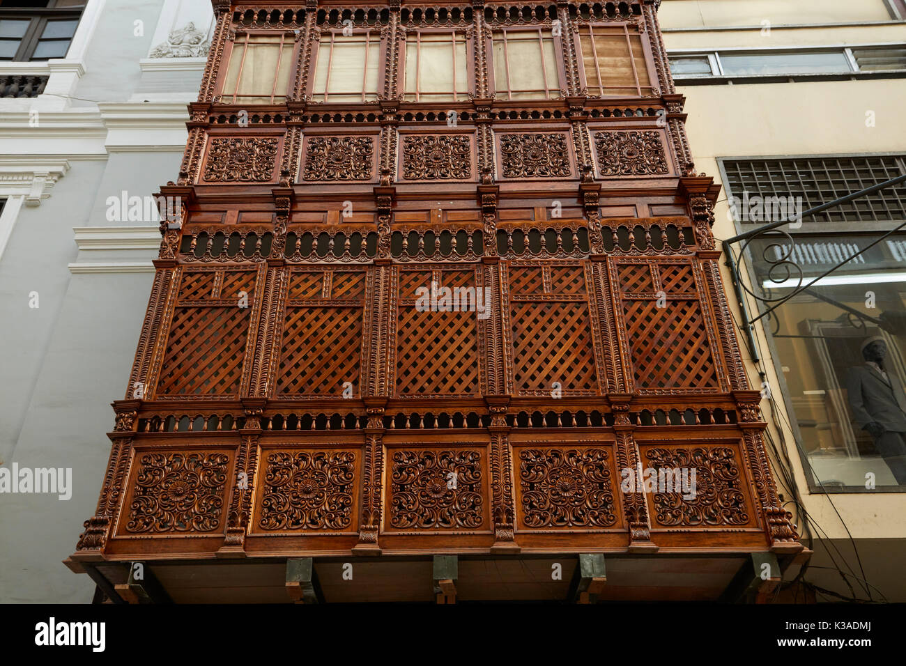 Intricate wooden balcony, Historic centre of Lima (World Heritage Site ...