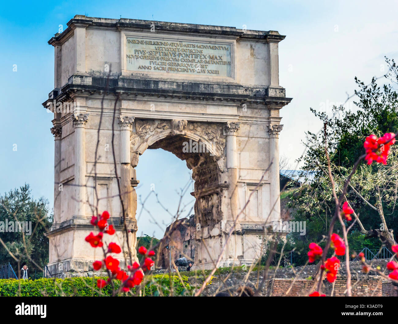 Titus Arch Red Flowers Roman Forum Rome Italy. Stone arch was erected ...