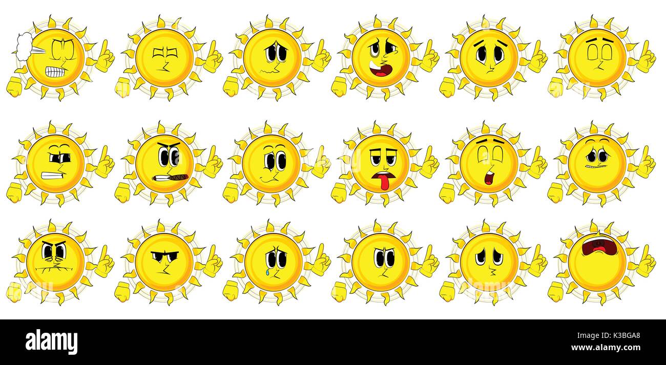 Cartoon sun making a point. Collection with sad faces. Expressions ...