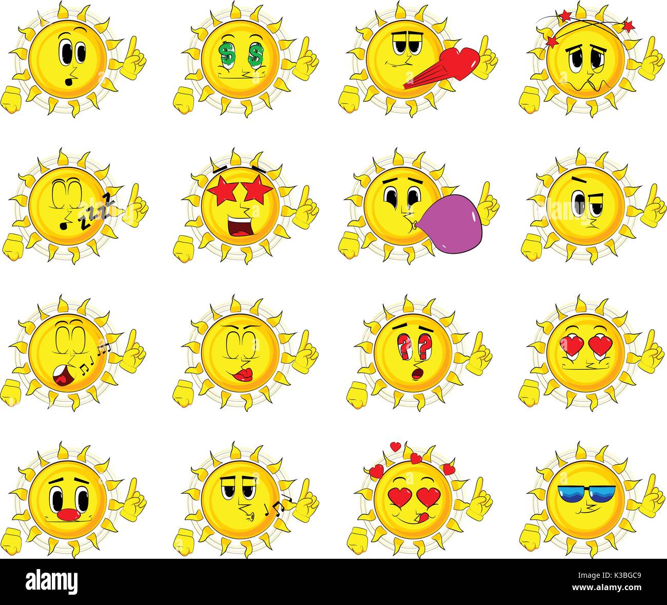 Cartoon sun making a point. Collection with various facial expressions ...