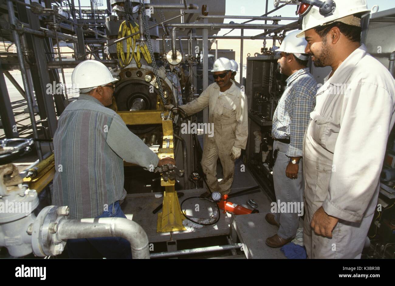 Oil rig drill floor action on an oil and gas exploration rig in the ...