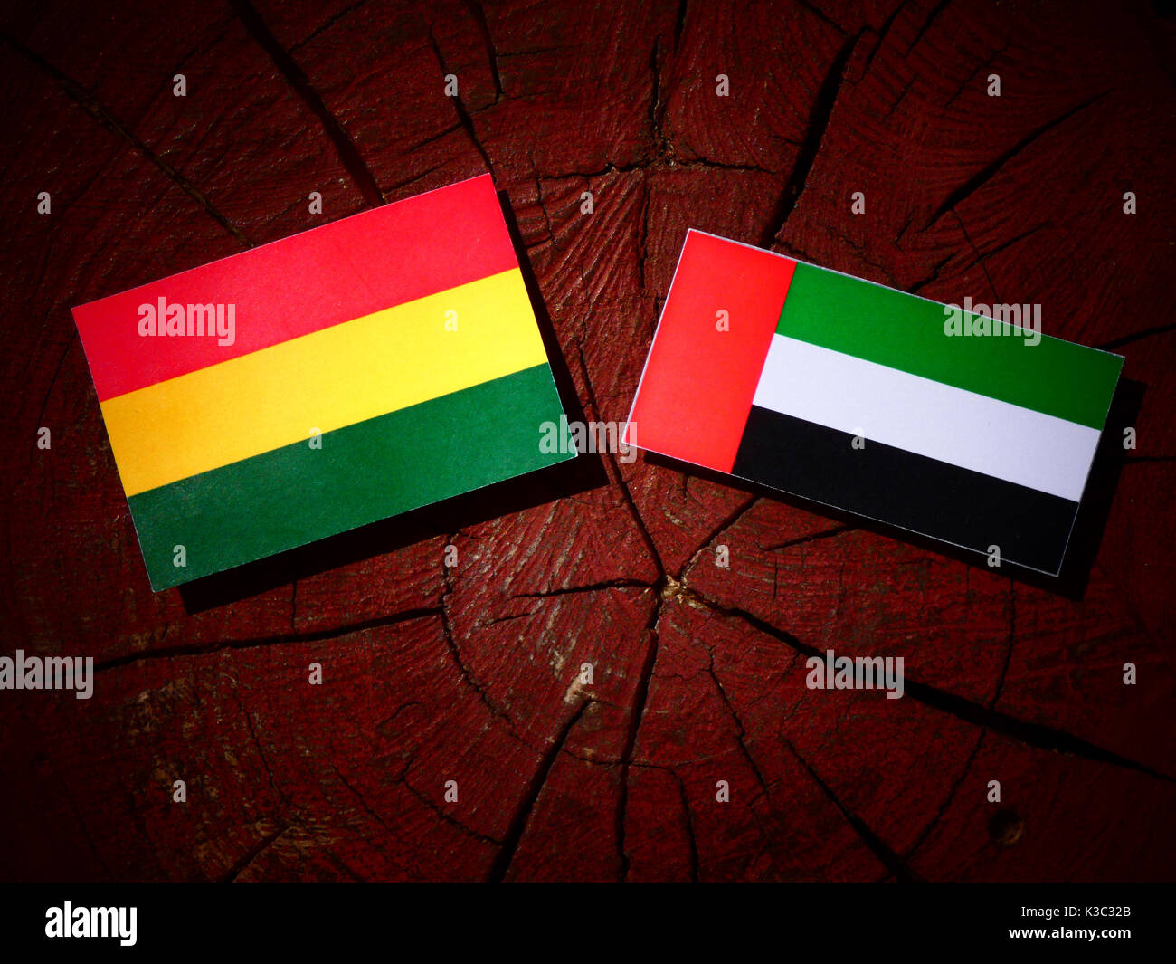 Bolivian flag with United Arab Emirates flag on a tree stump isolated ...