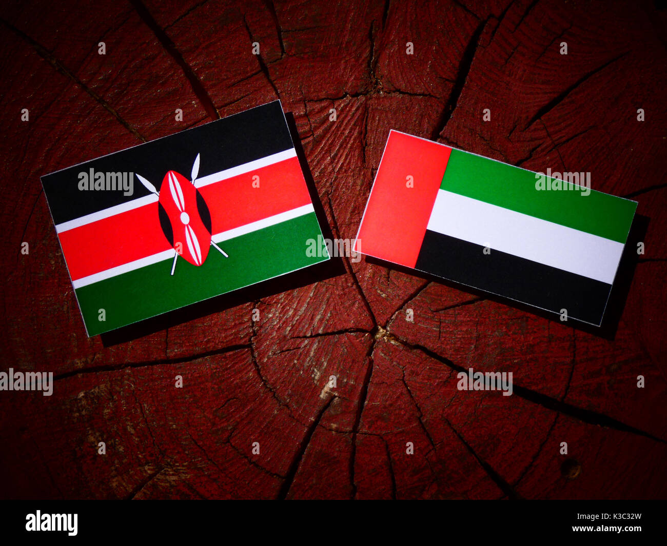 Kenyan flag with United Arab Emirates flag on a tree stump isolated ...