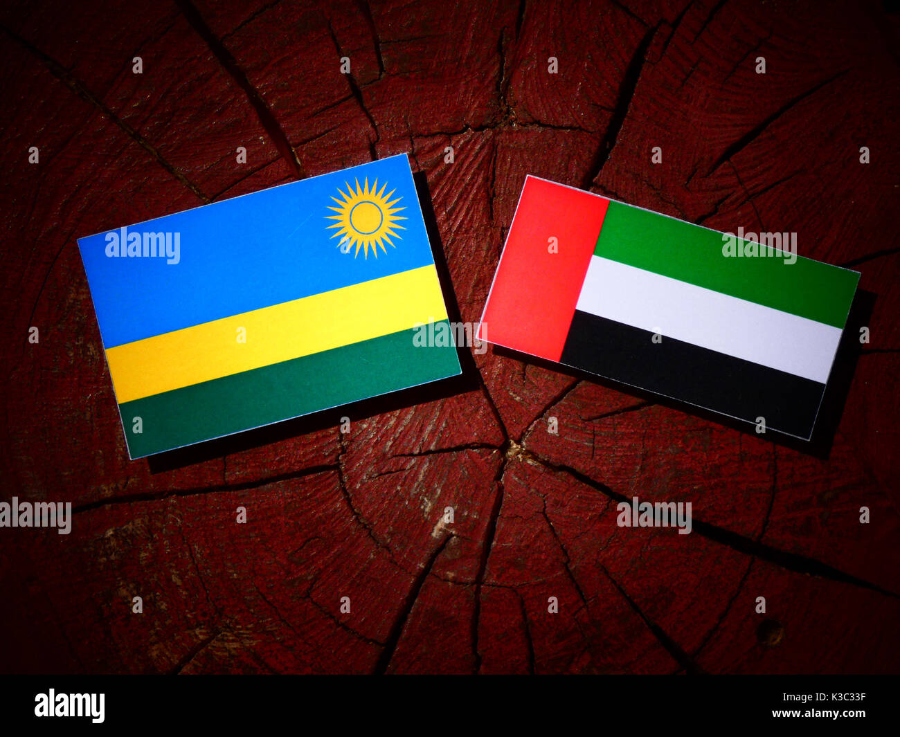 Rwanda flag with United Arab Emirates flag on a tree stump isolated ...