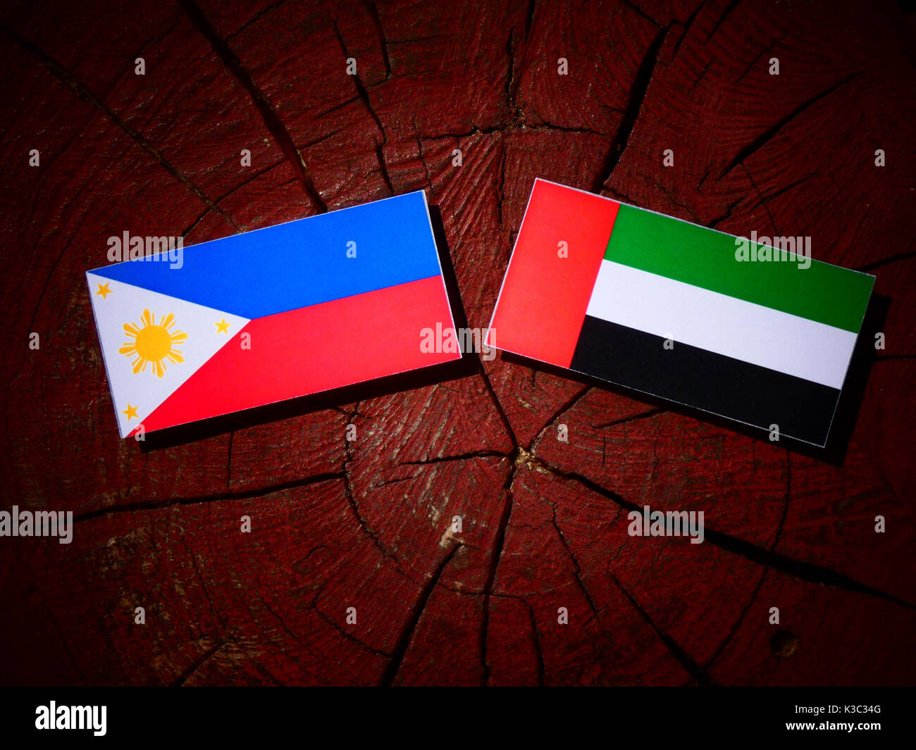 Philippines flag with United Arab Emirates flag on a tree stump ...