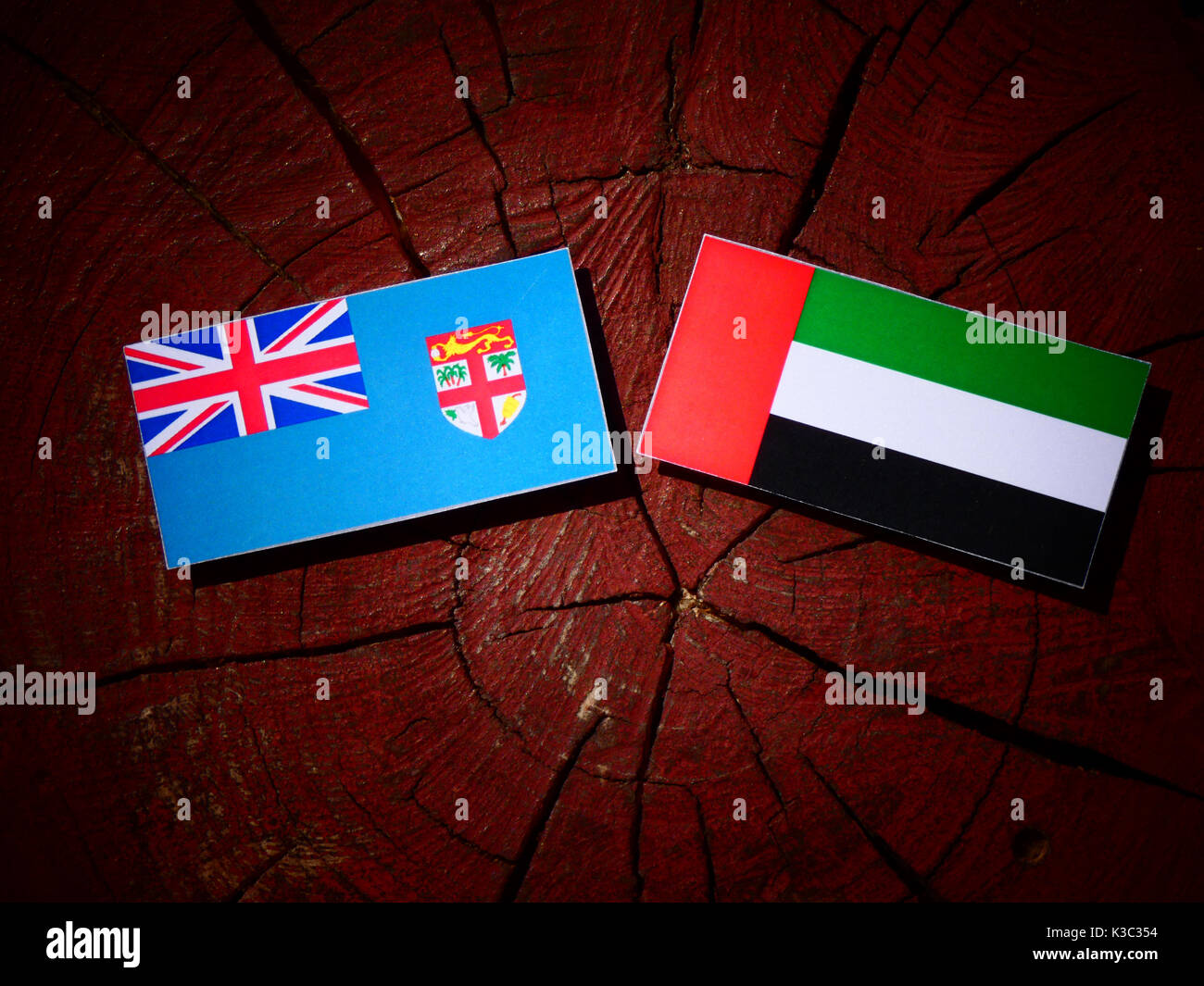 Fijian flag with United Arab Emirates flag on a tree stump isolated ...