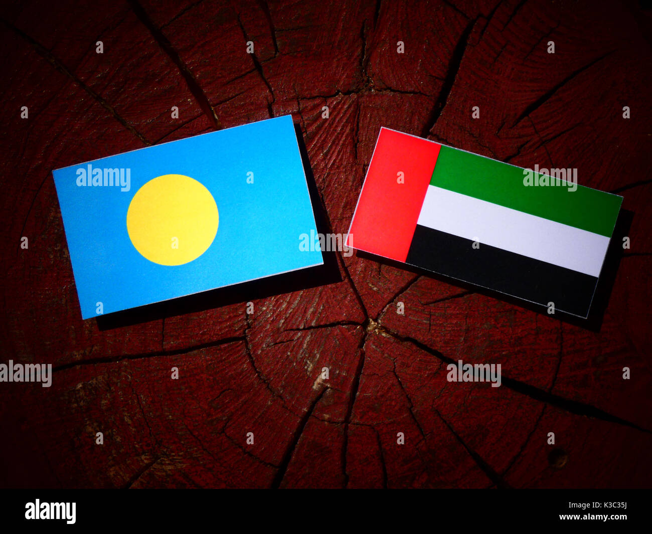 Palau flag with United Arab Emirates flag on a tree stump isolated ...