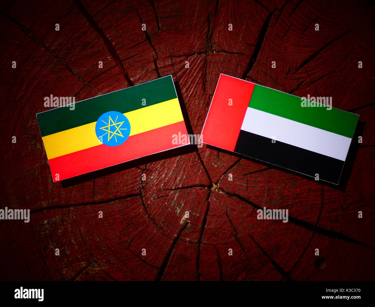 Ethiopian flag with United Arab Emirates flag on a tree stump isolated ...