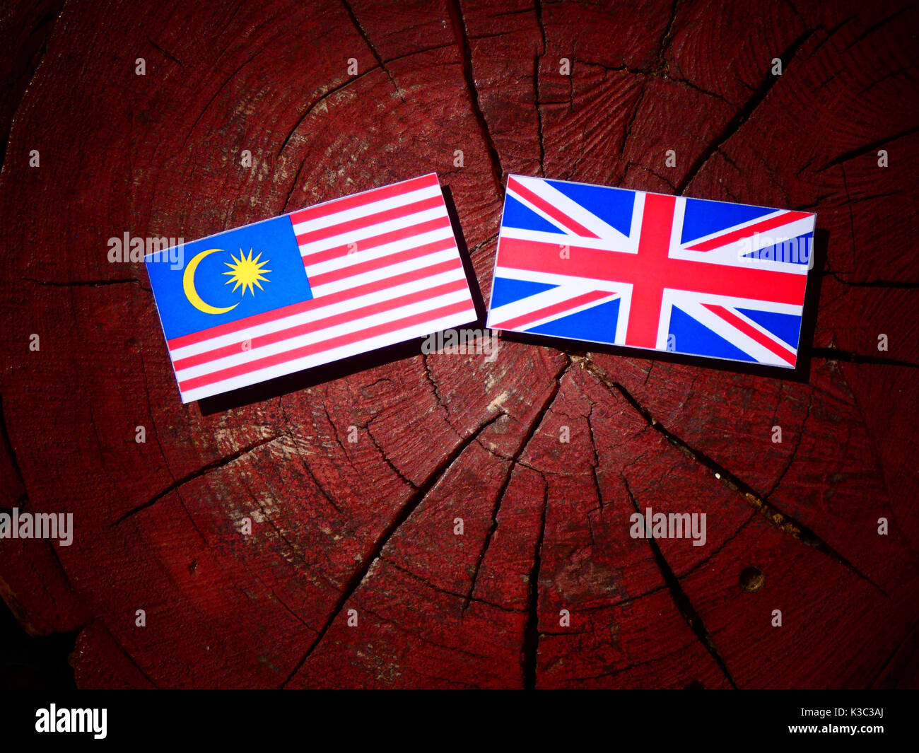 Malaysian flag with British flag on a tree stump isolated Stock Photo ...