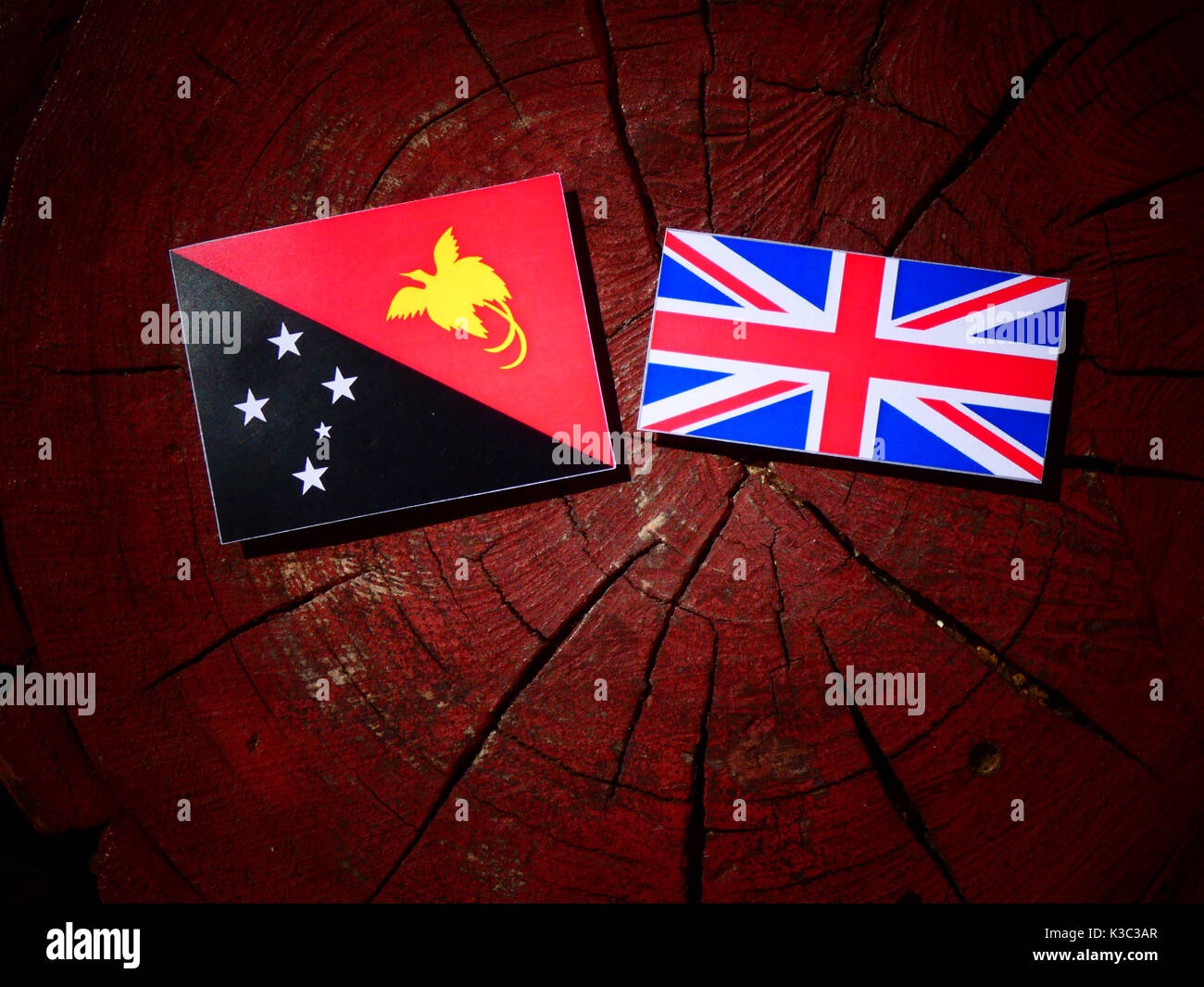 Papua New Guinea flag with British flag on a tree stump isolated Stock ...