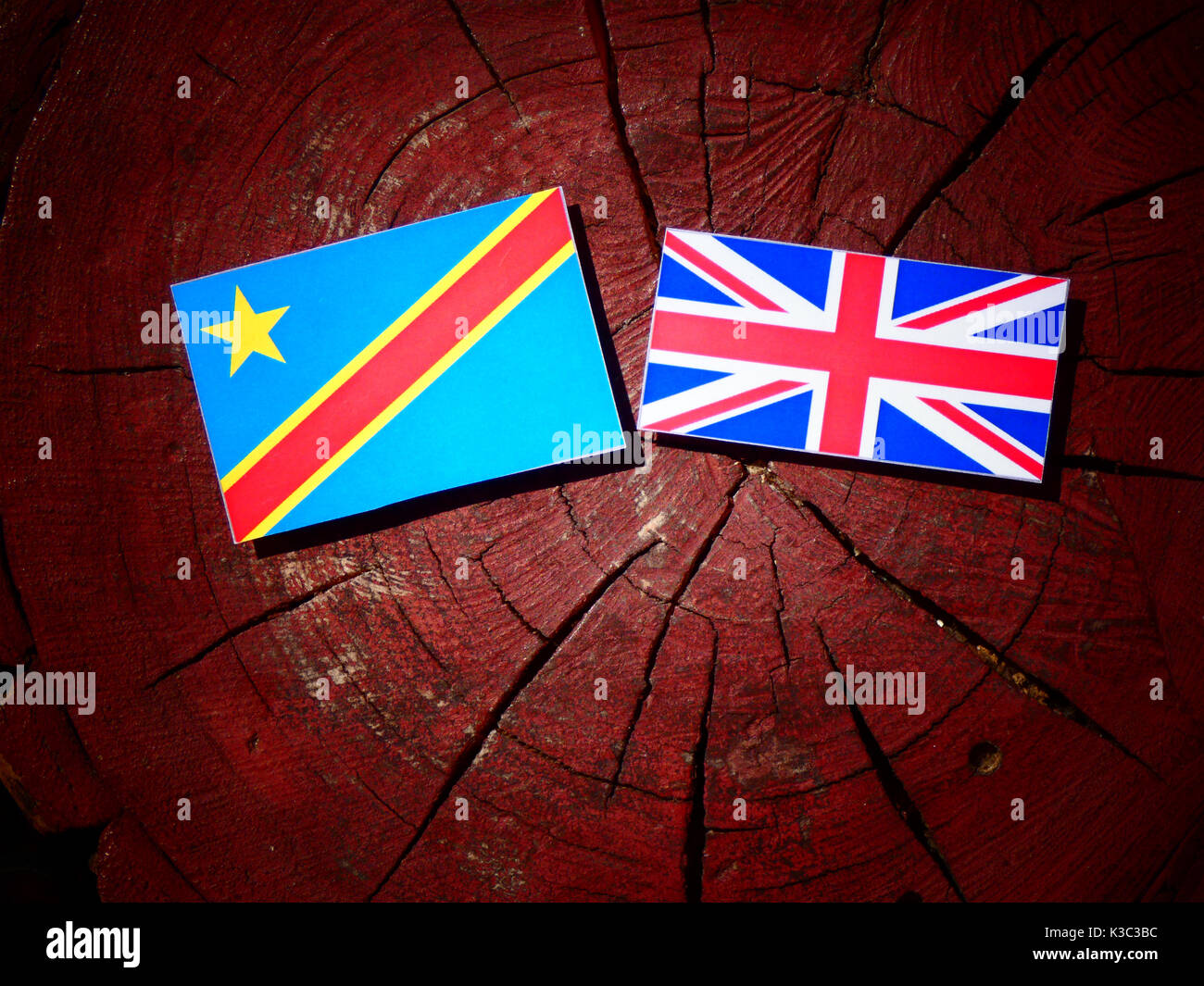 Democratic Republic of the Congo flag with British flag on a tree stump ...