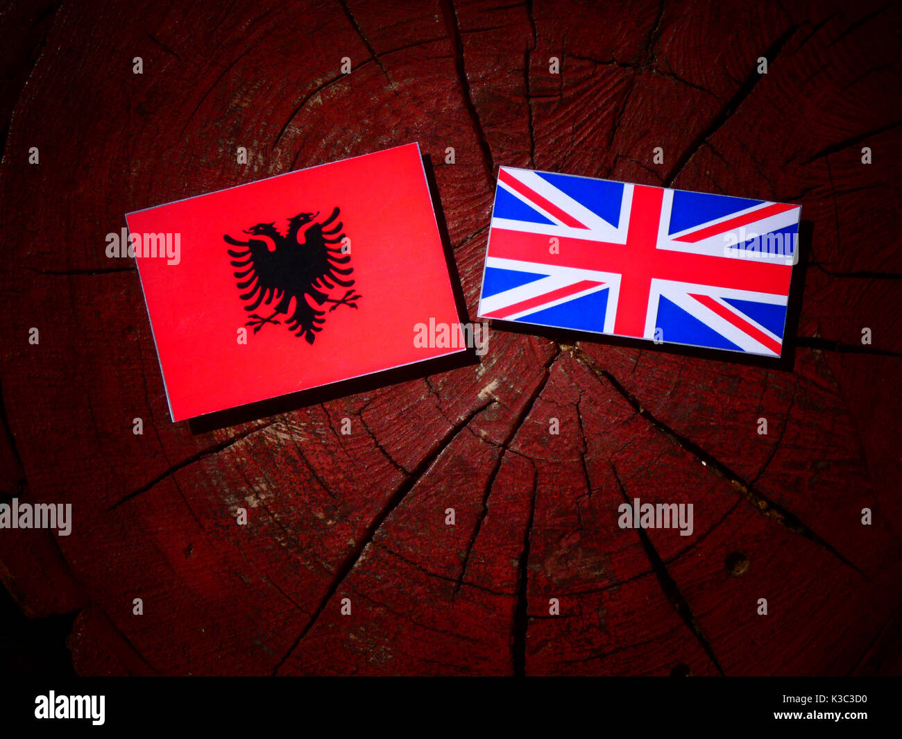 Albanian flag with British flag on a tree stump isolated Stock Photo ...