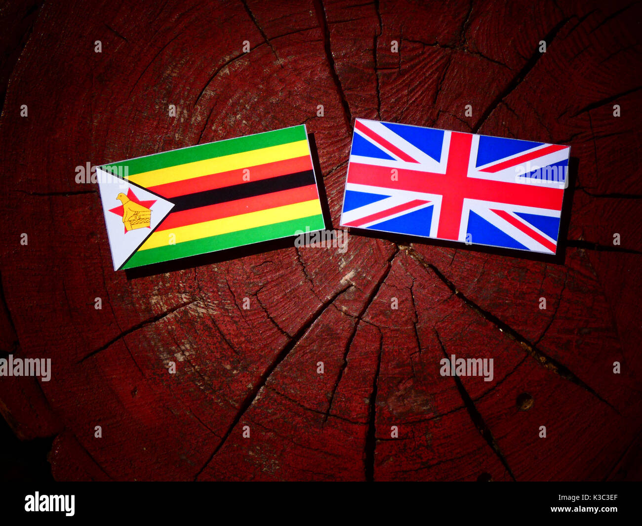 Zimbabwe flag with British flag on a tree stump isolated Stock Photo ...
