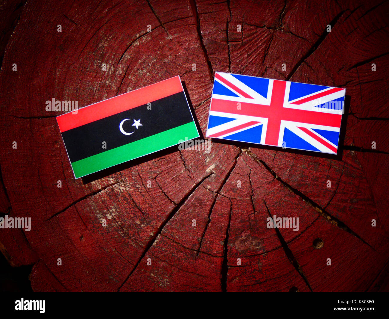 Libyan flag with British flag on a tree stump isolated Stock Photo - Alamy