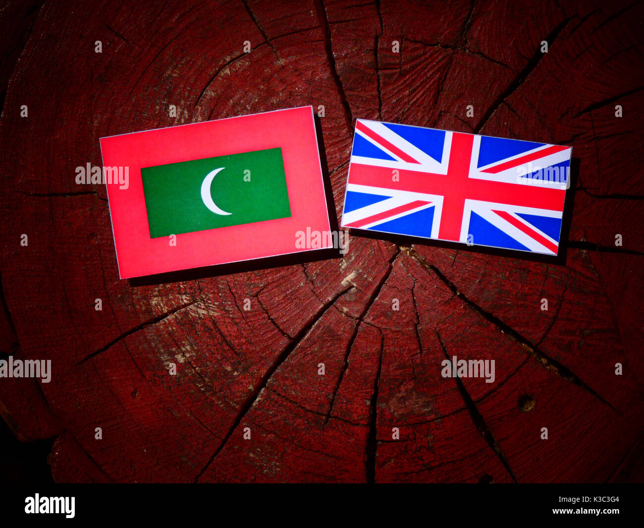 Maldives flag with British flag on a tree stump isolated Stock Photo ...
