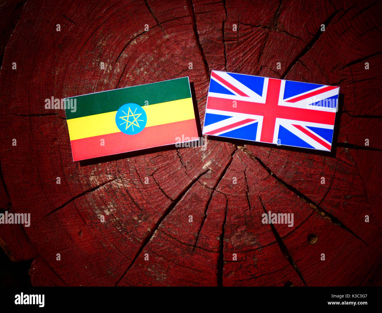 Ethiopian flag with British flag on a tree stump isolated Stock Photo ...