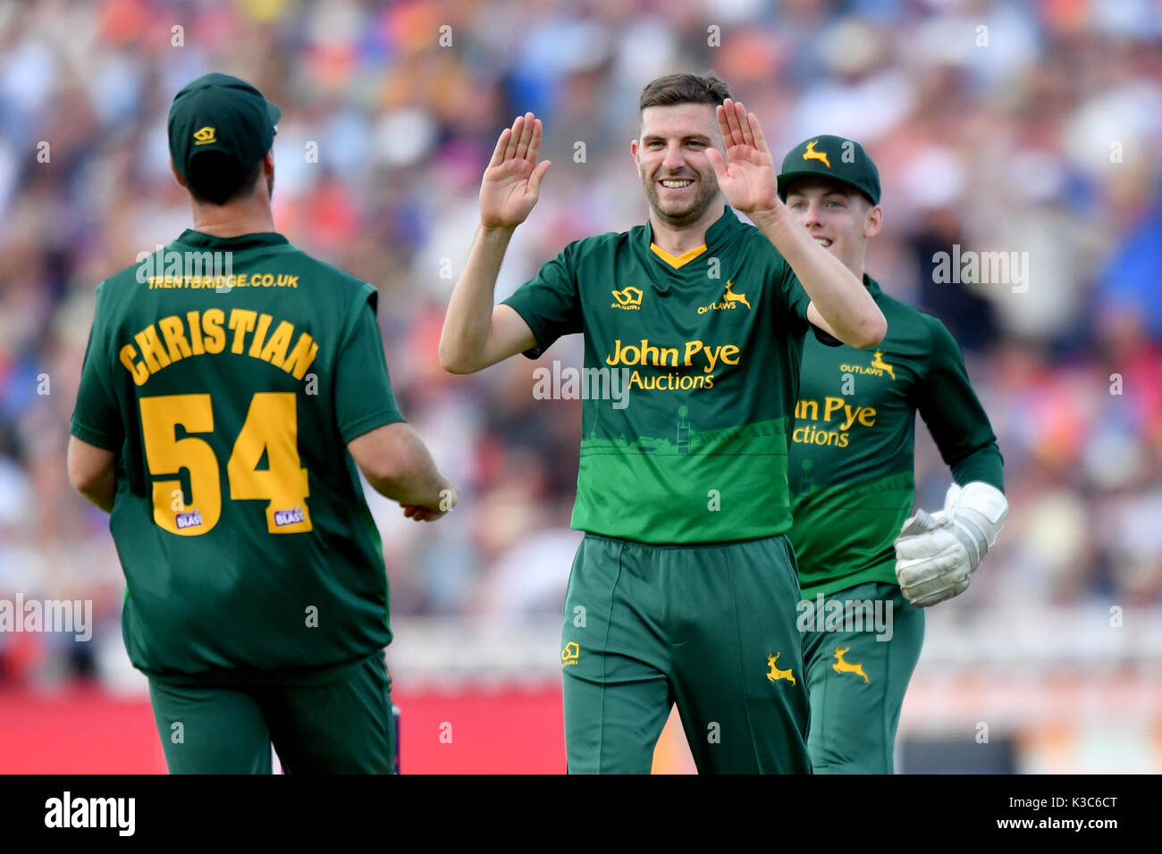 Nottingham's Harry Gurney celebrates taking the wicket of Hampshire's ...